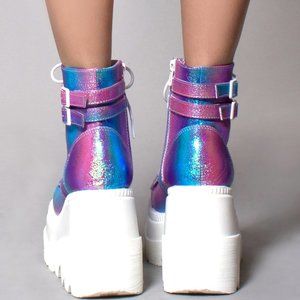 Demonia | Shoes | Shaker Metallic Iridescent Platform Boots In Pink ...